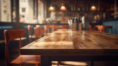 Premium Ai Image Empty Wooden Table In A Cinematic Cafe Or Restaurant