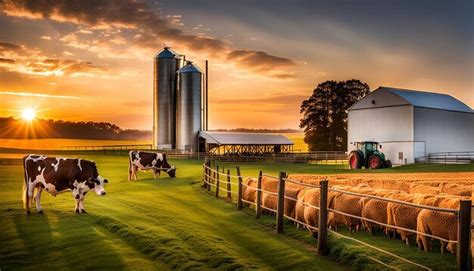 Dairy Farm At Sunset Premium Ai Generated Image