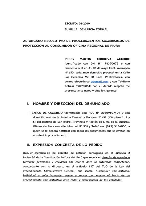 Denuncia Indecopi Escrito 01 Sumilla Denuncia Formal Al Organo