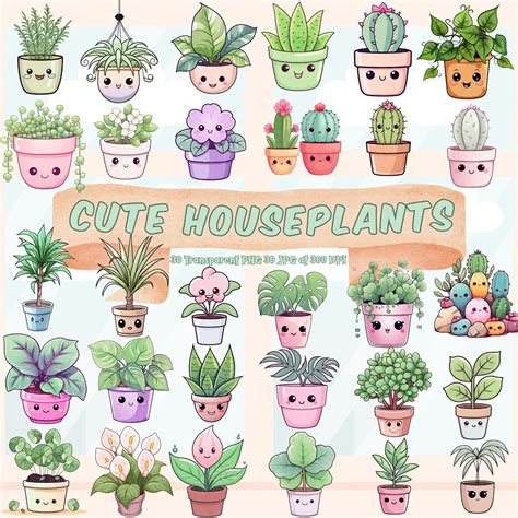 Cute Houseplant Clipart Collection Kawaii Potted Plants Png Bundle