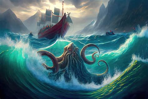 Kraken The Giant Octopus Under The Deep Sea Attacking And Sinking The