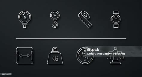 세트 라인 압력 물 미터 영역 측정 손목 시계 나침반 무게 손 스케일 스프링 기계 정의의 척도 및 측정 테이프 아이콘 벡터 검은