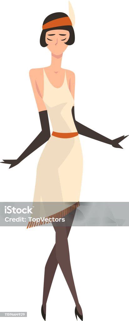 우아한 여자 화이트 레트로 드레스 블랙 스타킹과 장갑 1920 년대의 아름 다운 플래퍼 소녀 아르 데코 스타일 벡터 일러스트 1920년대 아가씨에 대한 스톡 벡터 아트 및