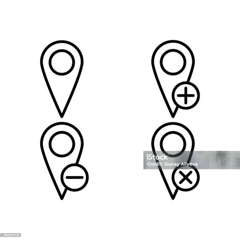 지도 핀 더하기 빼기 기호 아이콘 제거 개요 버튼 아이콘의 요소입니다 웹사이트 디자인 및 개발 응용 프로그램 개발에 대 한 얇은 라인 아이콘 0명에 대한 스톡 벡터 아트 및