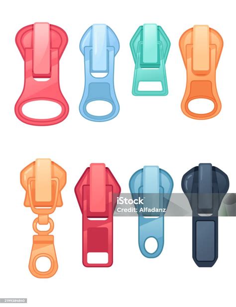 흰색 배경에 고립 된 컬러 스틸 지퍼 풀러 벡터 일러스트 레이 션의 컬렉션 가죽에 대한 스톡 벡터 아트 및 기타 이미지 가죽 강철 개인 장식품 Istock