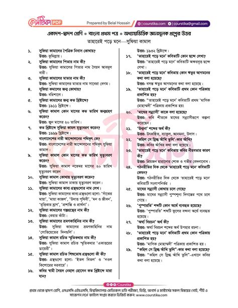 Ajker তাহারেই পড়ে মনে কবিতার জ্ঞানমূলক প্রশ্ন ও উত্তর ⤵️ Facebook