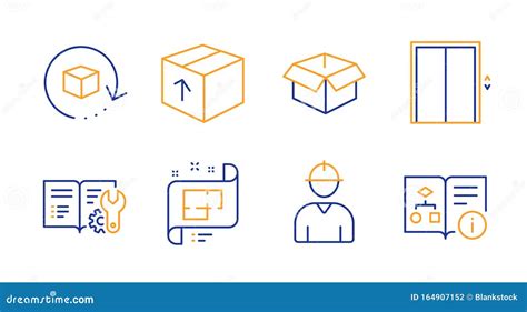 return package lift and engineer icons set architectural plan package and engineering
