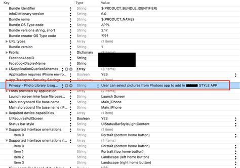 iphone invalid binary with xcode 8 asks to add description in info