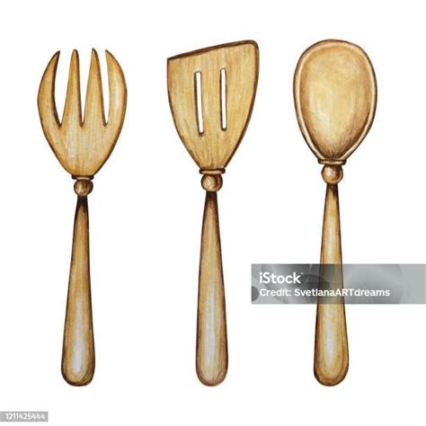 손으로 그린 나무 부엌 액세서리 는 흰색 배경에 고립 된 수채화 그림을 굽기 위해 설정합니다 그것은 요리 시간입니다 베이킹 도구 숟가락 주걱 포크 가정 생활에 대한 스톡