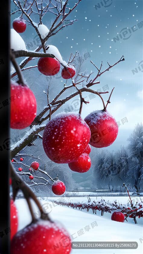 Ai创作图冬天景色 雪中红果 背景下雪的户外 昵图网