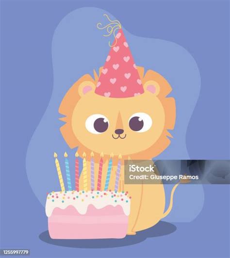 생일 축하 모자와 케이크 축하 장식 만화와 귀여운 작은 사자 사자에 대한 스톡 벡터 아트 및 기타 이미지 사자 생일