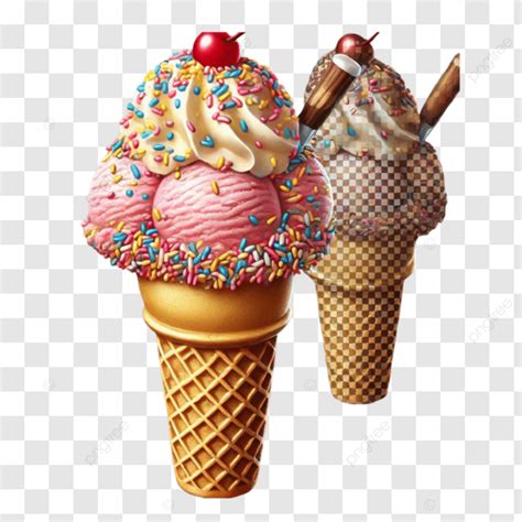 부분적으로 가려진 분리된 투명한 배경 위에 스프링클과 체리가 있는 두 개의 다채로운 아이스크림 콘 아이스크림 콘 뿌리다 Png 일러스트 및 이미지 에 대한 무료