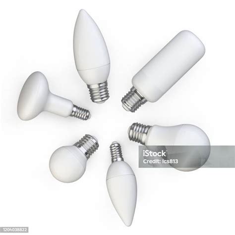 다양한 모양과 크기의 Led 효율 에너지 전구 세트 절전 램프 원 상단 뷰에 누적됩니다 0명에 대한 스톡 사진 및 기타 이미지 Istock