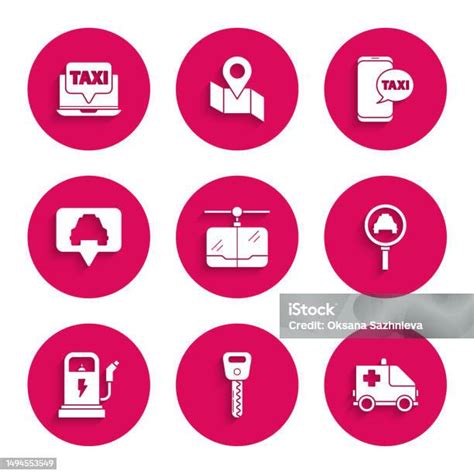 케이블카 자동차 열쇠 구급차 및 응급 돋보기 택시 전기 충전소 택시 호출 전화 서비스 및 노트북 아이콘이있는지도 포인터를 설정하십시오 벡터 건강 진단에 대한 스톡 벡터 아트