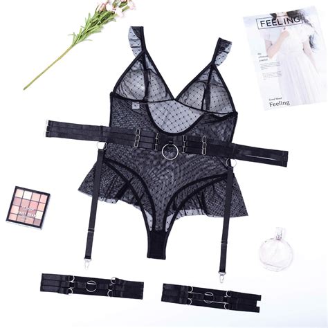 Black Polka Dot Sheer Bodysuit Lingerie Full Coverage Lingerie Set L Lovegood Lingerie