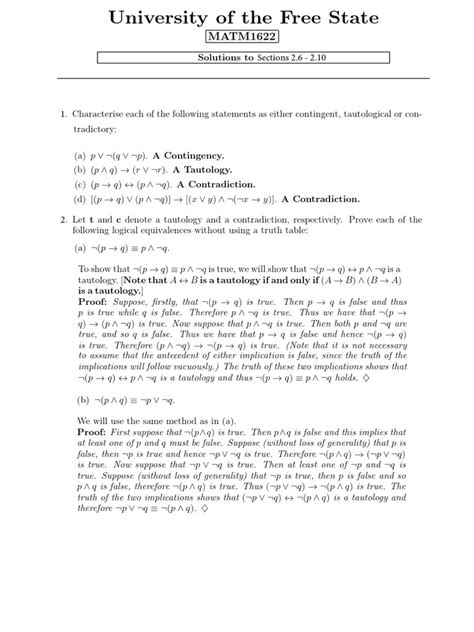 Matm1622 Exercises Chapter 2 Logic Solutions Sections 26 210 Pdf