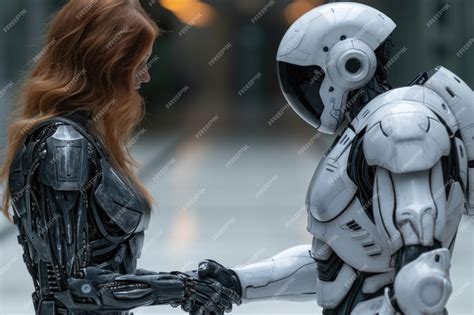 Premium Photo Two Cyborgs Shake Hands Human Interaction With Ai
