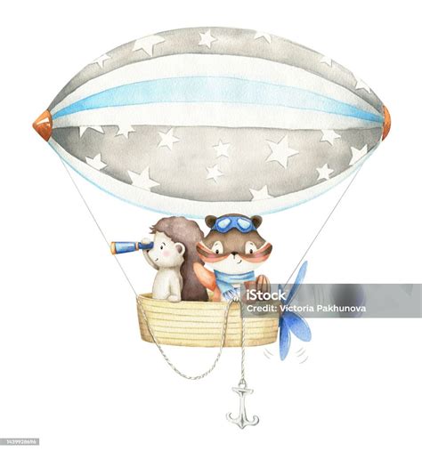 귀여운 작은 고슴도치와 다람쥐가 열기구 그림에 있습니다 흰색 배경에 격리된 손으로 그린 수채화 비행선 디자인 만화 아이 캐릭터 포스터 인쇄물 카드 배경 고슴도치에 대한 스톡