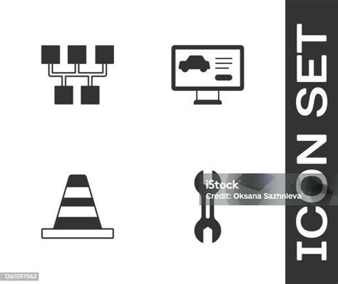 렌치 스패너 기어 시프터 교통 콘 및 자동차 아이콘의 진단 상태를 설정합니다 벡터 건설 산업에 대한 스톡 벡터 아트 및 기타