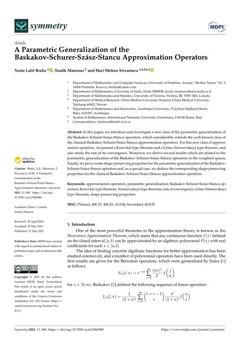 Pdf A Parametric Generalization Of The Baskakov Schurer Szász Stancu Approximation Operators