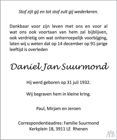 Daniel Jan Daan Suurmond 14 12 2023 Overlijdensbericht En Condoleances Mensenlinqnl