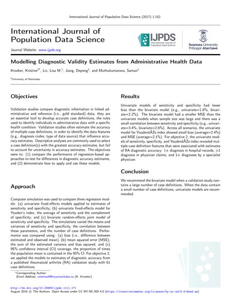 Pdf Modelling Diagnostic Validity Estimates From Administrative Health Data