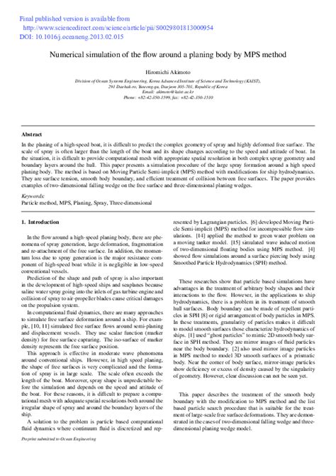 Pdf Numerical Simulation Of The Flow Around A Planing Body By Mps Method