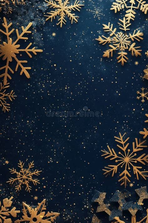 Elegant Blue And Gold Snowflakes On A Dark Blue Background With