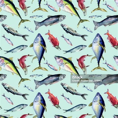 다양한 바다 물고기 원활한 패턴 수채화 그림은 파란색으로 분리되어 있습니다 야생 물고기 참치 연어 청어 멸치 손으로 그린 그림 섬유 포장 종이 포장 배경을 위한 디자인 요소