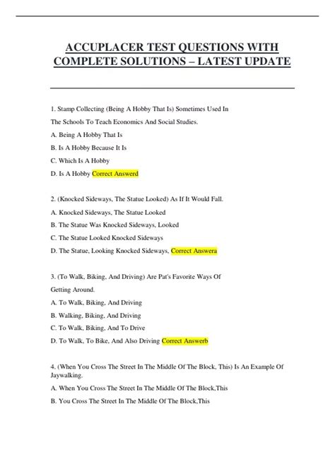 Accuplacer Test Questions With Complete Solutions Latest Update Accuplacer Stuvia Us
