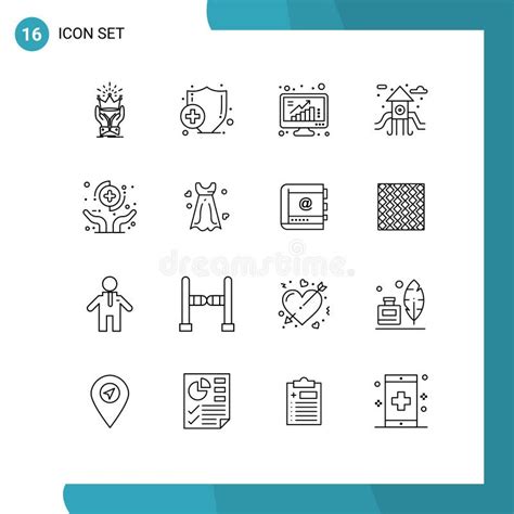 Pictogram Set Of 16 Simple Outlines Of Health Play Ground Grow Life Data Stock Vector