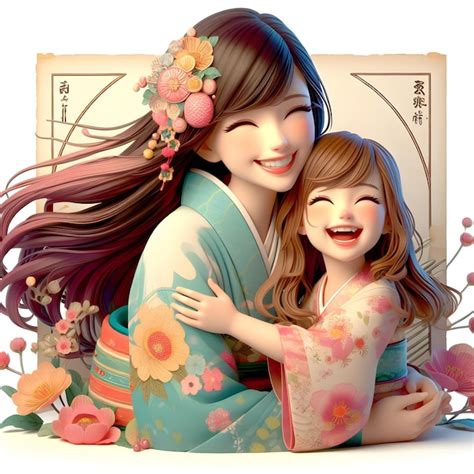 Caricatura En 3d Madre E Hija Abrazándose El Uno Al Otro En El Día De