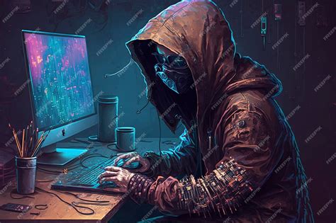 해커 사이버 펑크 컴퓨터 실 사이버 범죄 코드 창조적 인 인공 지능 프리미엄 사진