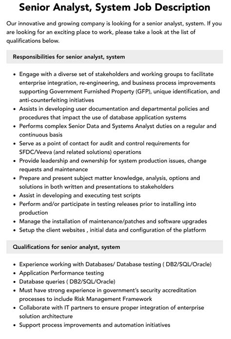 Senior Analyst System Job Description Velvet Jobs