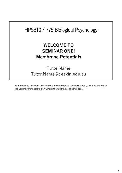Sem To A Page Notes Lecture HPS Biological Psychology WELCOME TO SEMINAR ONE