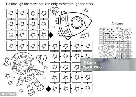 미로 또는 미로 게임 수수께끼 공간에 로켓 만화 우주 비행사의 색칠 페이지 개요 작은 우주인 또는 우주 비행사 아이들을위한 색칠 공부책 아이에 대한 스톡 벡터 아트 및 기타