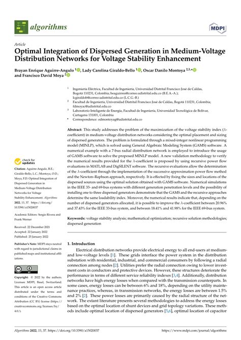 Pdf Optimal Integration Of Dispersed Generation In Medium Voltage Distribution Networks For