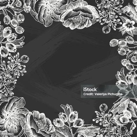 손으로 그려진 분기 나뭇잎 장미 딸기 정원 식물과 꽃 벡터 디자인입니다 칠판에 식물 성분이 있는 빈티지 프레임 레트로 템플릿입니다 산림 식물 일러스트 개체 그룹에 대한 스톡