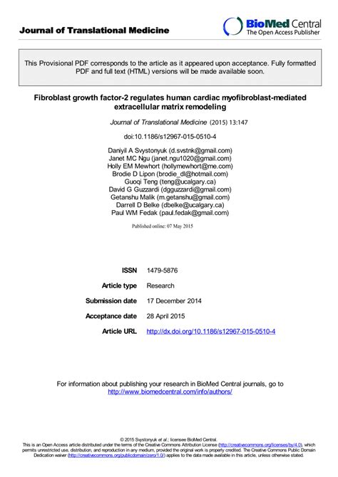 Pdf Fibroblast Growth Factor 2 Regulates Human Cardiac Myofibroblast Mediated Extracellular
