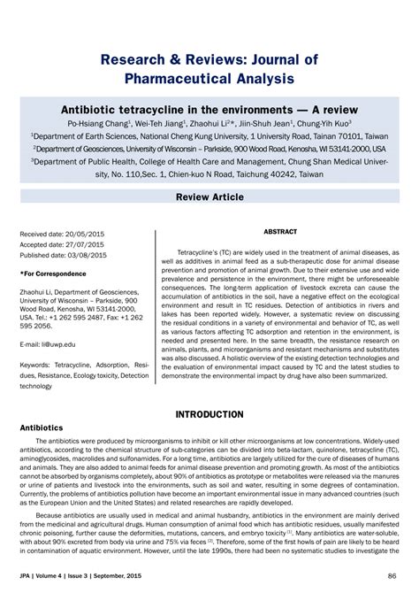 Pdf Antibiotic Tetracycline In The Environments — A Review