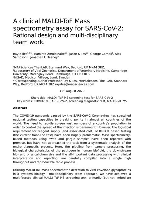 Pdf A Clinical Maldi Tof Mass Spectrometry Assay For Sars Cov 2 Rational Design And Multi