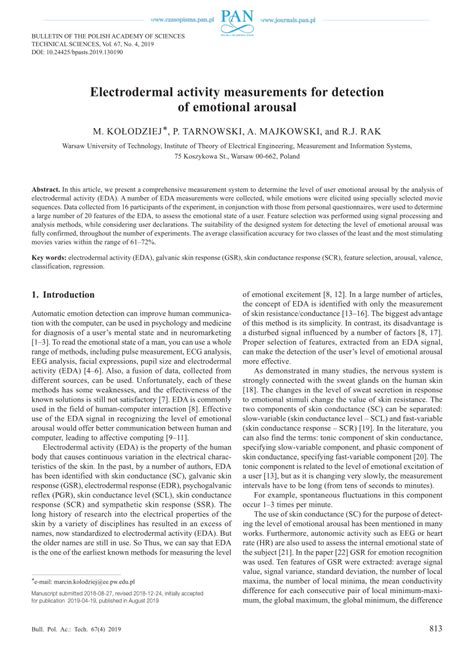 Pdf Electrodermal Activity Measurements For Detection Of Emotional Arousal