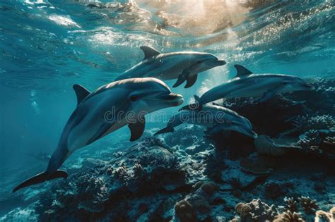 Underwater View Of Dolphins Swimming In The Deep Blue Ocean Stock Image