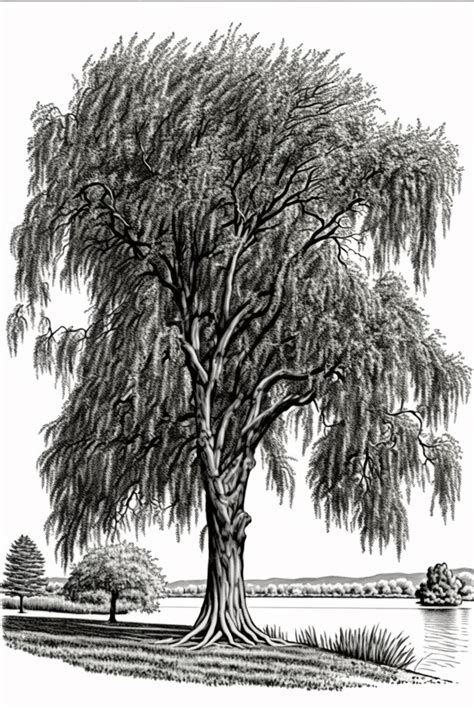 Premium Photo A Black And White Drawing Of A Willow Tree