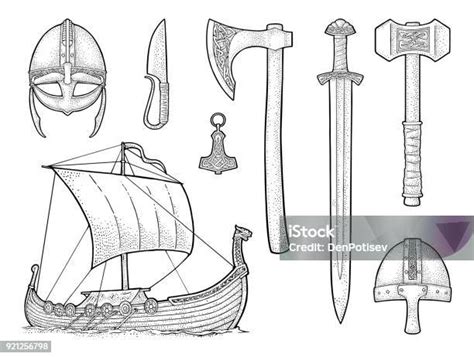 바이킹을 설정 합니다 칼 Drakkar 도끼 헬멧 칼 망치 룬 토르 부적 빈티지 벡터 색상 흰색 배경에 고립 된 그림 조각 포스터에 그려진된 디자인 요소를 손 문신 바이킹에