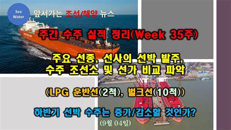 주간 수주 실적 정리week 35주 주요 선종 선사의 선박 발주수주 조선소 및 선가 비교 파악lpg 운반선 2척 벌크선 10척 하반기 선박 수주는 증가감소할
