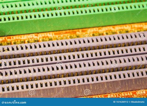 Memory Slots On The Motherboard Close Up Ram Socket Connector On The Circuit Board Stock Photo