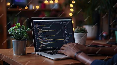 Premium Photo A Person Coding On A Laptop Surrounded By Plants In A Cozy Workspace Showcasing