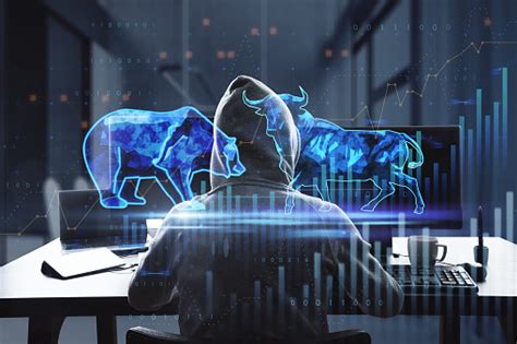 증권 거래소 거래 개념 황소와 곰은 투쟁합니다 주식 시장 일러스트레이션 커피 컵과 창조적 인 홀로그램과 흐릿한 사무실 내부 배경에 그래프와 바탕 화면에서 컴퓨터를 사용하는