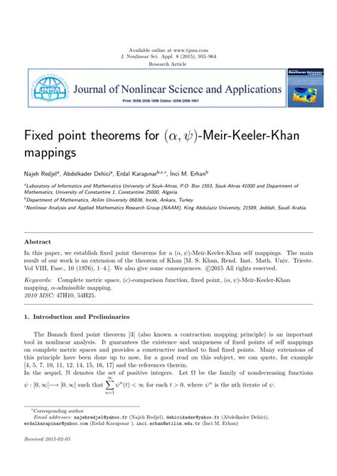 Pdf Fixed Point Theorems For α ψ Meir Keeler Khan Mappings